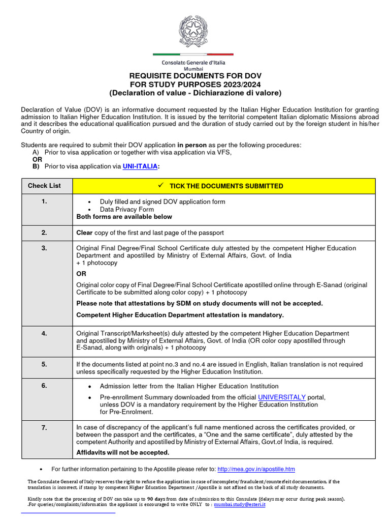 DOV Final Checklist April 23 | PDF | Consul (Representative) | Travel Visa