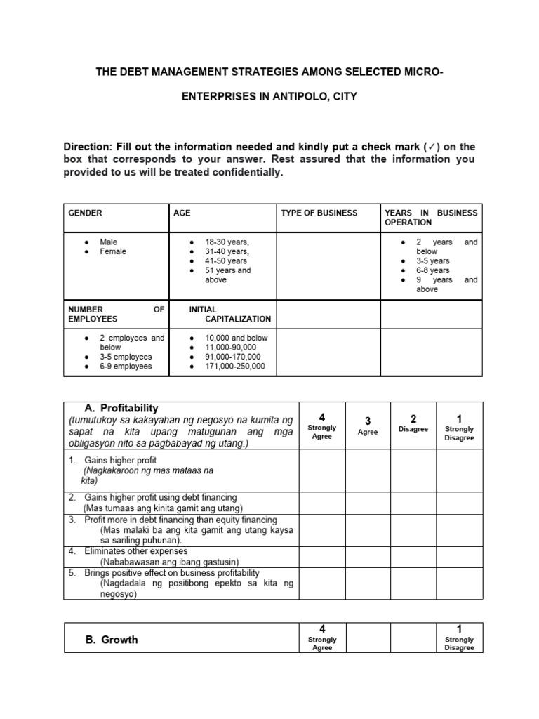 Survey Questionnaire - Debt Financing Practices of Eatery Businesses | PDF