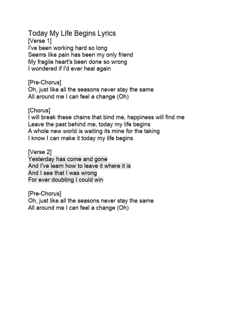 Today My Life Begins Lyrics | PDF