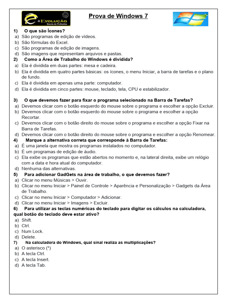 Prova Windows 7 Novo | PDF | Botão Ctrl | Disco compacto (CD)