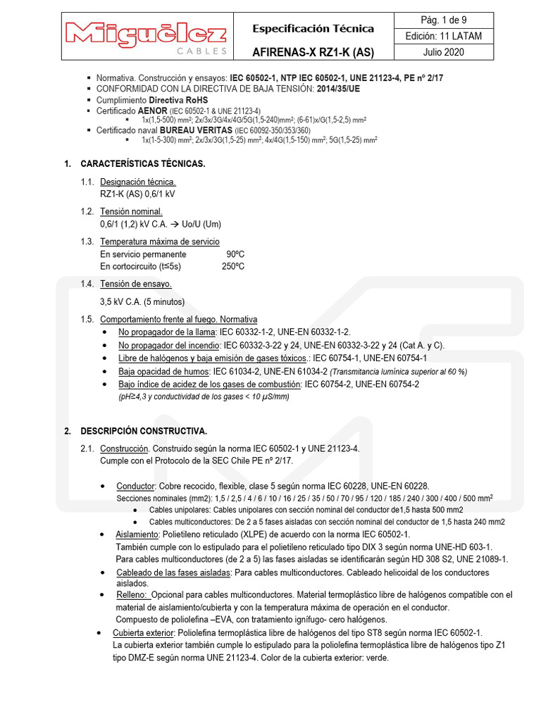 MIGUELEZ AFIRENAS-X RZ1-K FT LATAM Ed11 | PDF | Corriente eléctrica | Cableado eléctrico