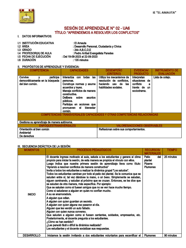 Sesión de Aprendizaje de DPCC - El Conflicto 2do Paep 2023 | PDF | Aprendizaje | Salón de clases