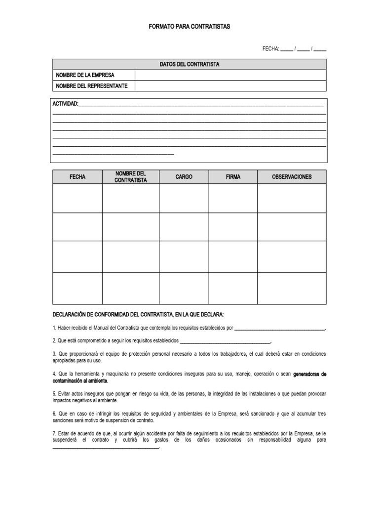 Formato para Contratistas | PDF