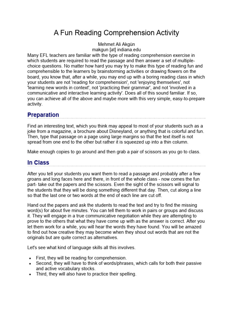 A Fun Reading Comprehension Activity | PDF
