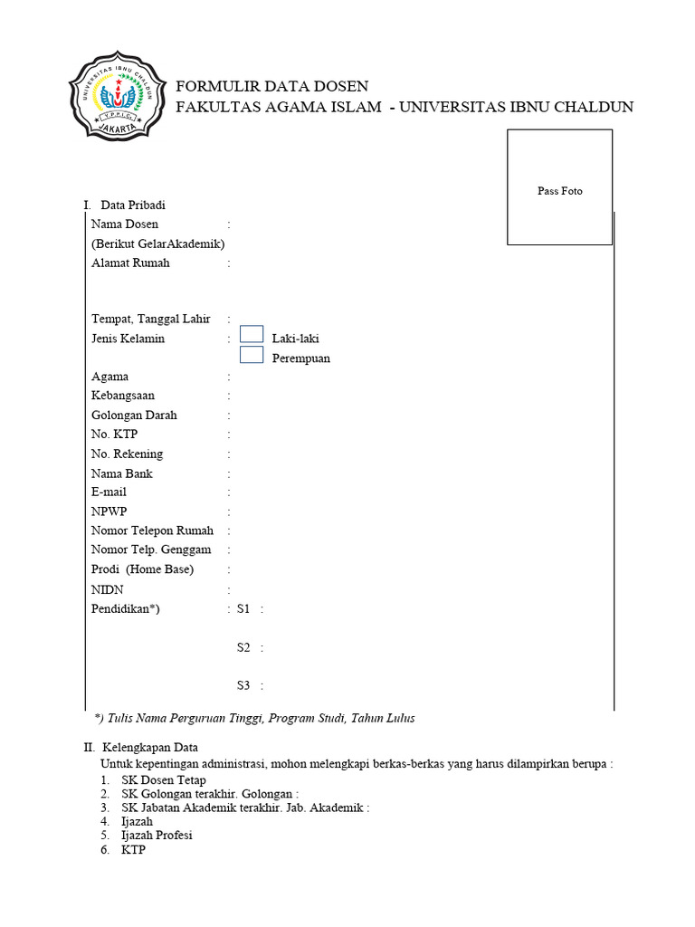 Formulir Data Dosen FAI UIC | PDF
