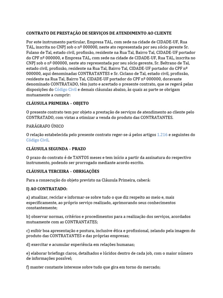 Modelo de Contrato de Prestacao de Servicos de Atendimento Ao Cliente ...