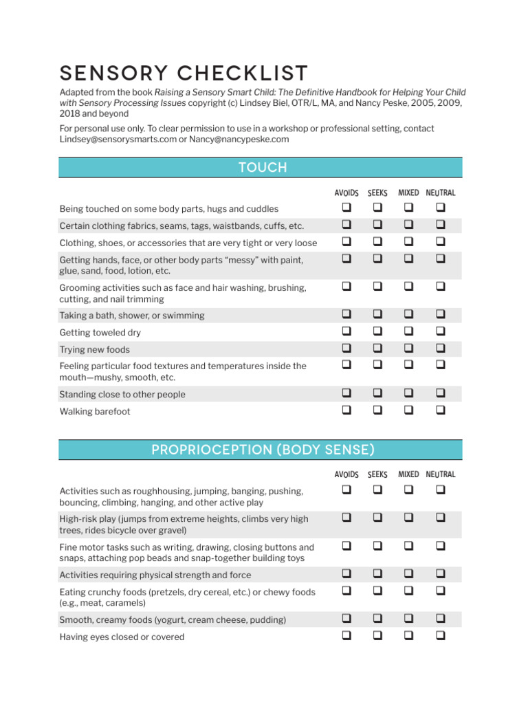 Sensory Checklist Sensory Smarts and Sensory Smart Parent | PDF | Taste | Odor