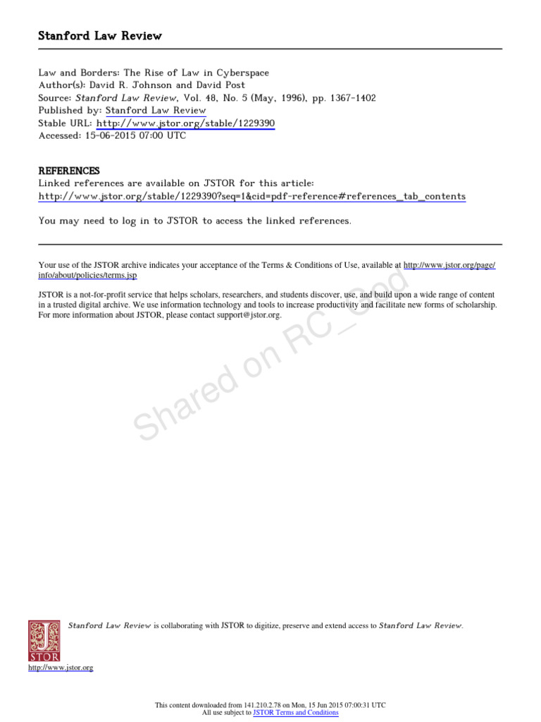 Law & Borders The Rise of Law in Cyberspace | PDF