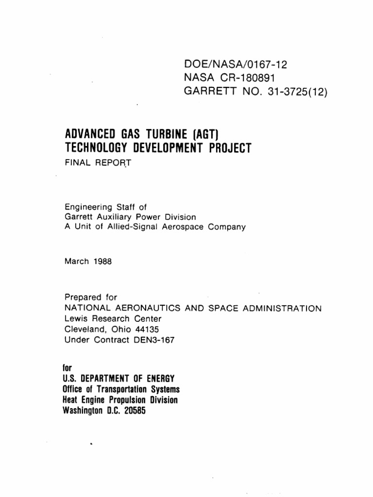 Advanced Gasturbine (Agt) Technology Development Project: DOE/NASA/0167 ...