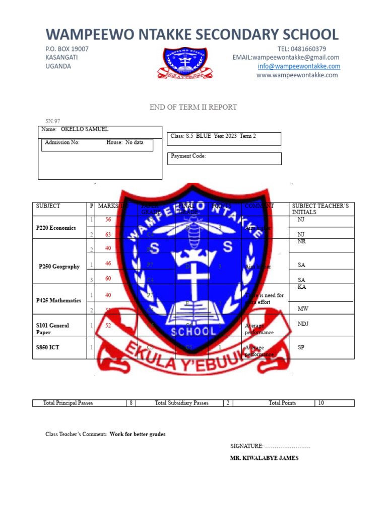 Wampeewo Ntakke Secondary School: End of Term Ii Report | PDF