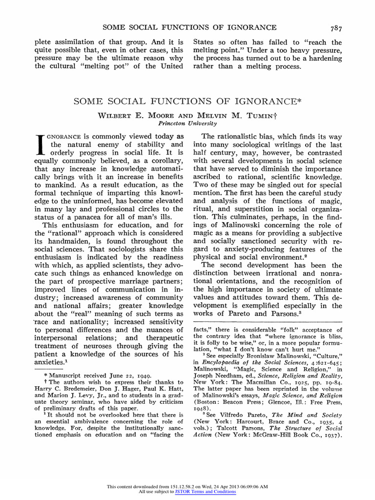 Aula 4 - Moore & Tumin, 1949 - Some Social Functions of Ignorance | PDF ...