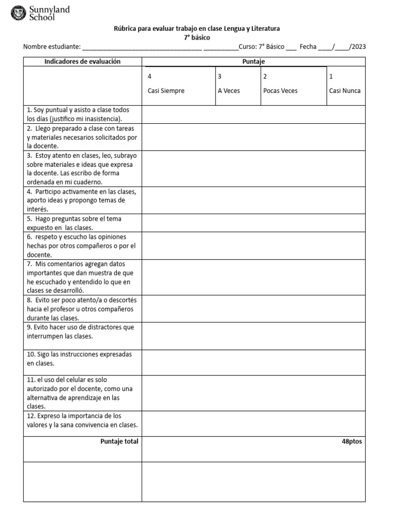 Rúbrica para Evaluar Trabajo en Clase Lengua y Literatura | PDF