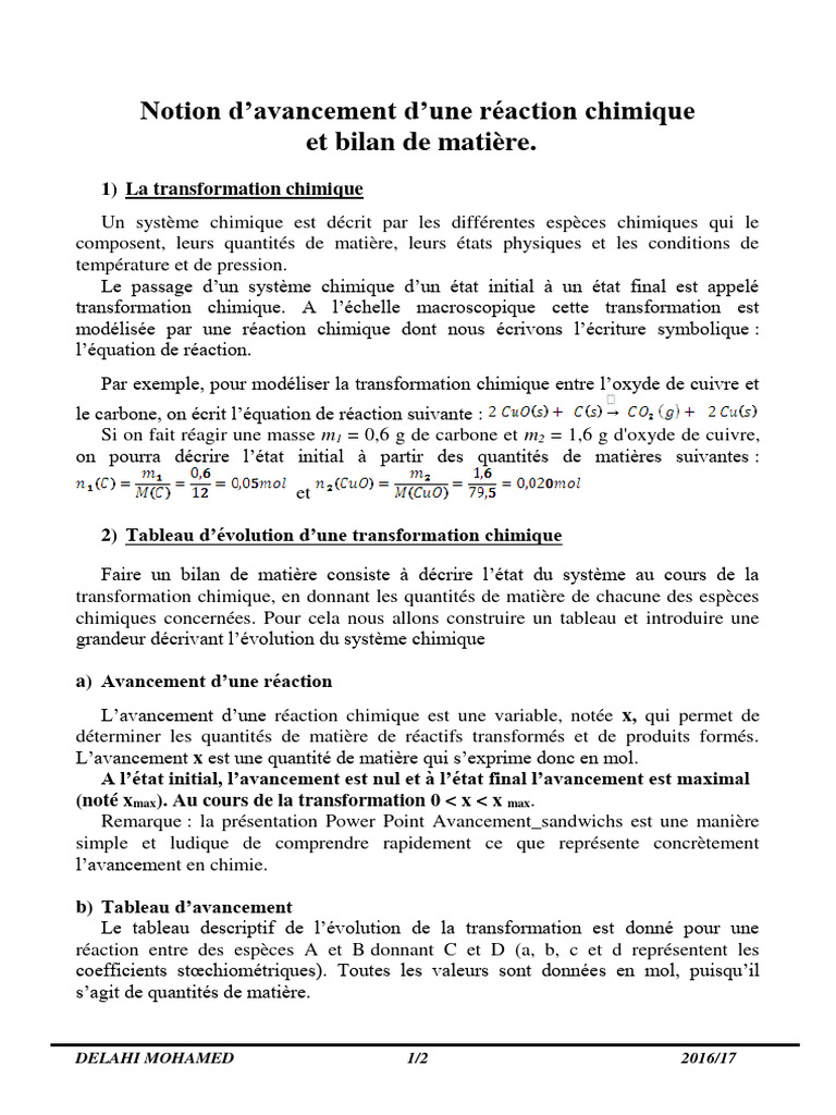 Modelisation Des Transformations Chimiques Bilan de La Matiere Resume de Cours 1 1 | PDF ...