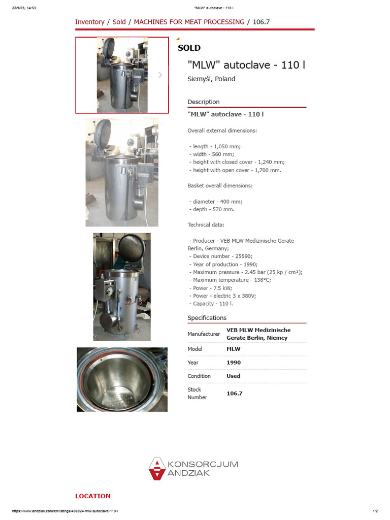 MLW - Autoclave - 110 L.PDF - Especificaciones Tecnicas. | PDF