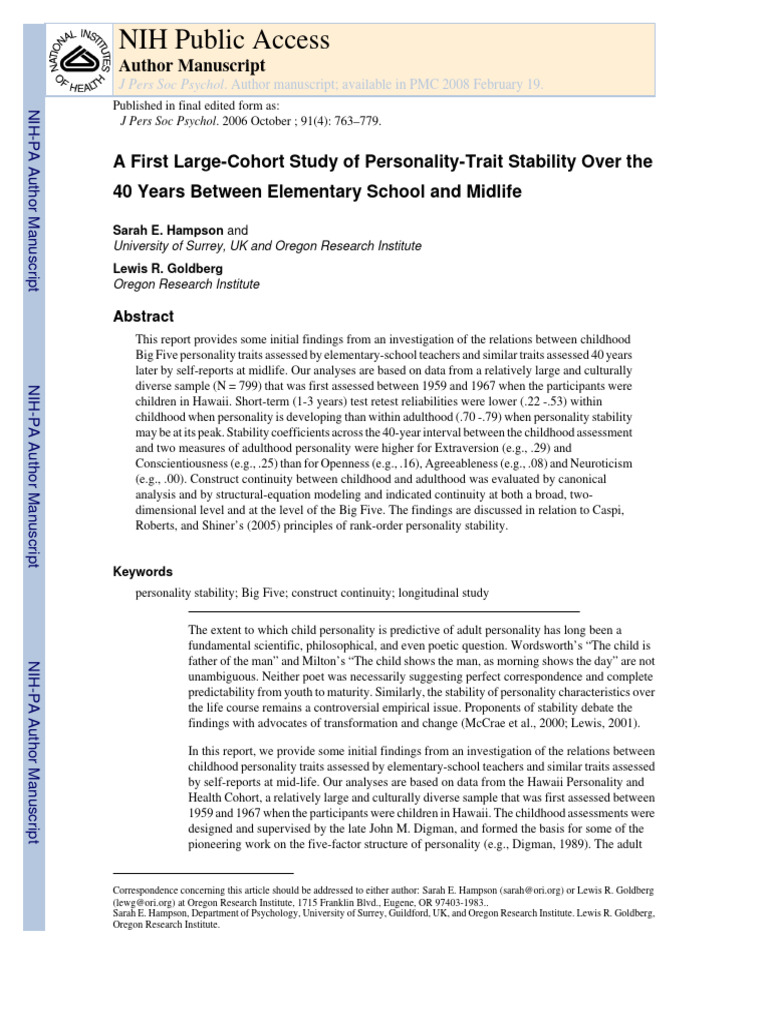 A First Large-Cohort Study of Personality-Trait Stability Over The 40 Years Between Elementary ...