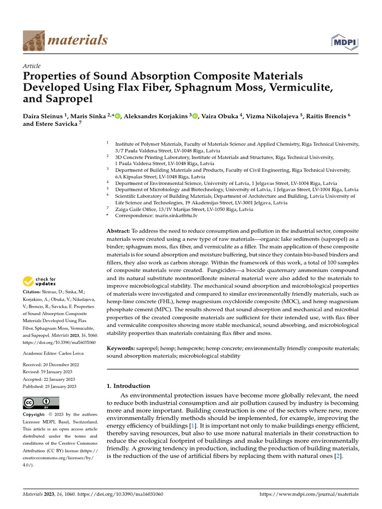 8 Properties of Sound Absorption Composite Materials Developed Using Flax Fiber Sphagnum Moss ...
