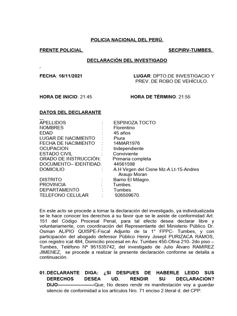 Declaracion Guarda Silencio Florentino Tocto | PDF