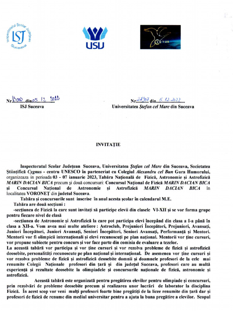 Invitatie Tabara Marin Dacian Bica 2023 | PDF