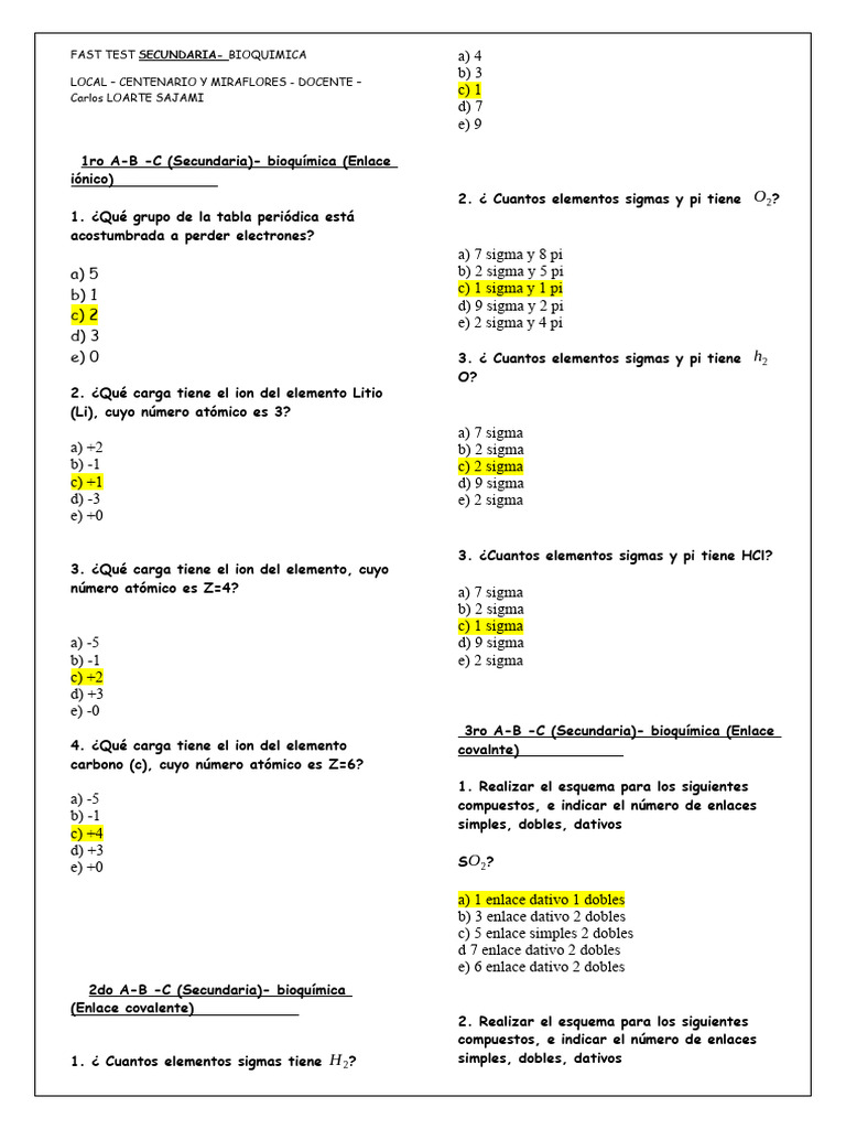 FAST TEST BIOQUIMICA SECUNDARIA, CENTENARIO y MIRAFLORES Del (14-08-23 ...