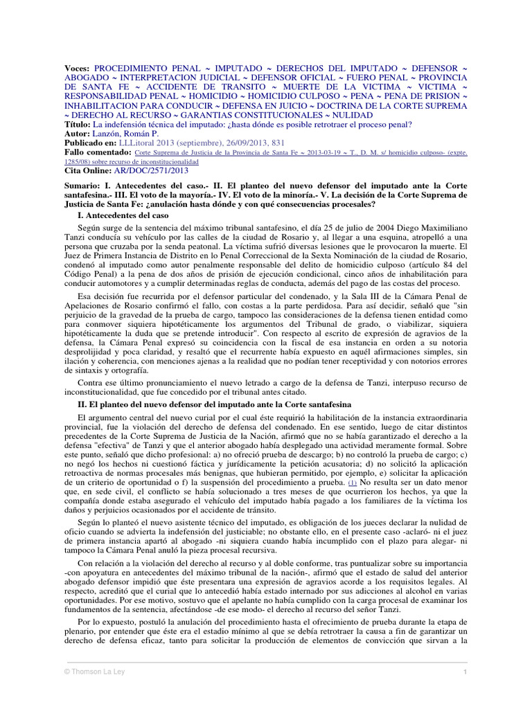 Artículo-La Indefensión Técnica Del Imputado-LLL-2013 | PDF | Caso de ley | Ley procesal
