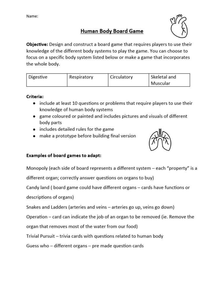 Human Body Systems Board Game Project | PDF | Games & Activities