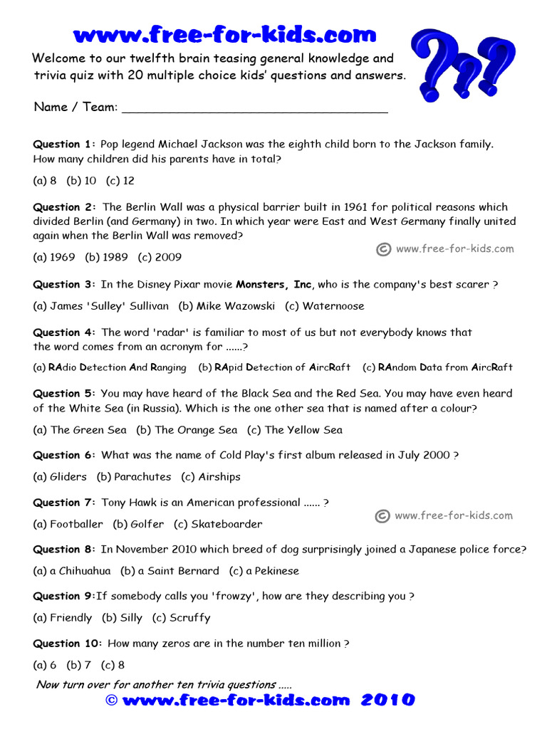 Childrens Trivia and General Knowledge Quiz No.12 March 2011 | PDF