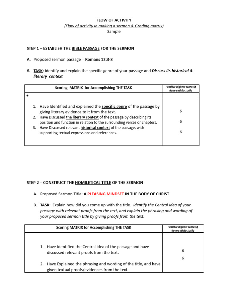 1mon C Sample (Rom. 12.1 8) Flow of Activity and Grading Matrix | PDF ...