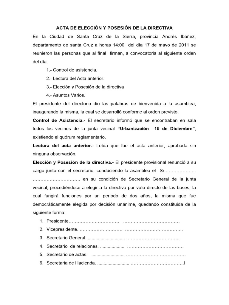 Acta de Elección y Posesión de La Directiva Urb. 15 de Dicimbre | PDF | Gobierno | Eventos políticos