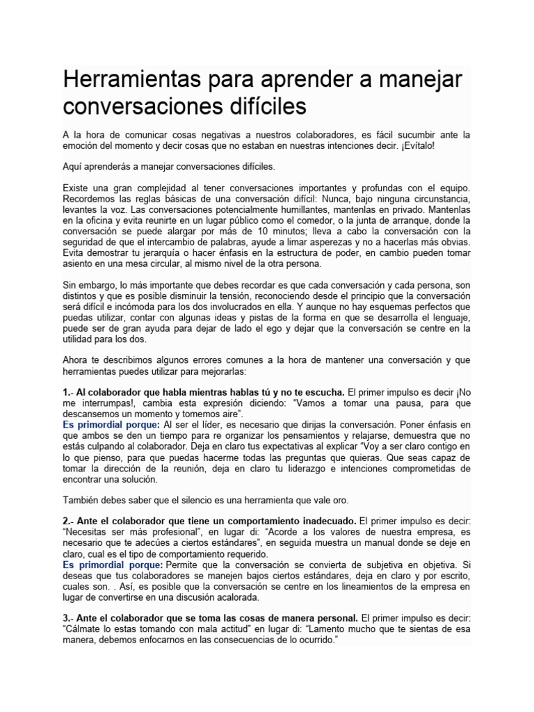 Herramientas para Aprender A Manejar Conversaciones Difíciles | PDF | Crecimiento personal y ...