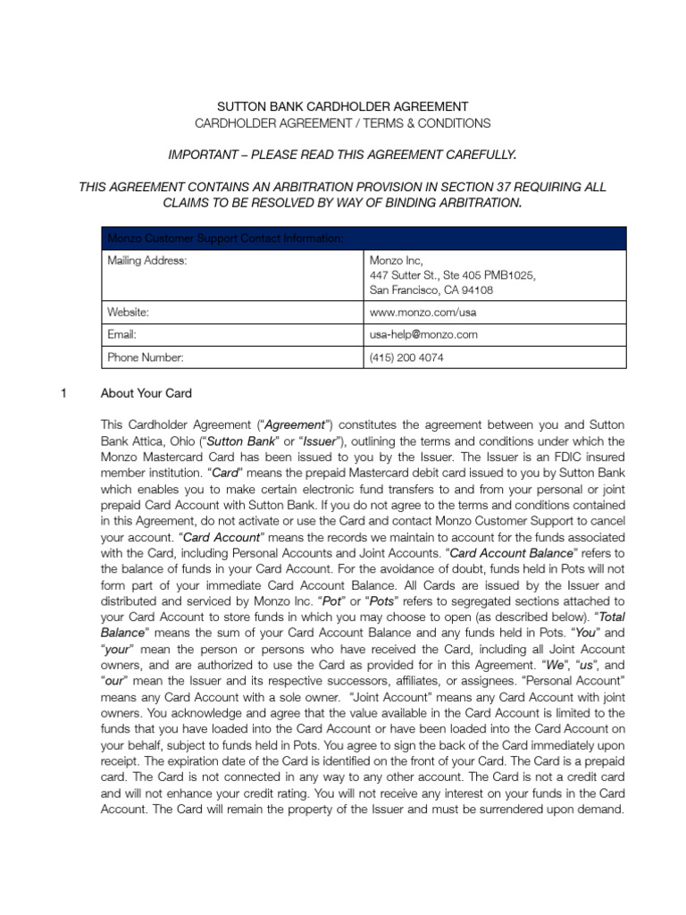 Sutton Bank Cardholder Agreement v1.4 | PDF | Credit Card | Debit Card