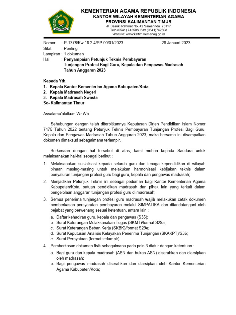 Surat Penyampaian Juknis TPG TA 2023 | PDF | Karier & Perkembangan
