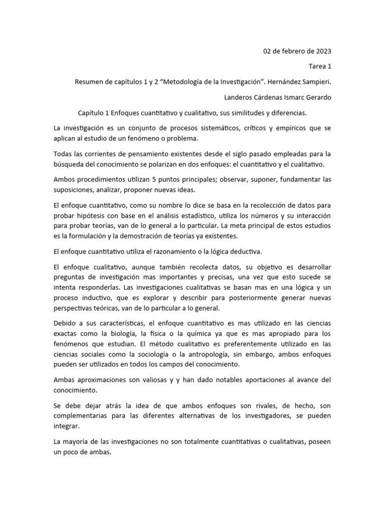 Tarea 1 Cap 1 y 2 Sampieri | PDF | Investigación cuantitativa | Método científico