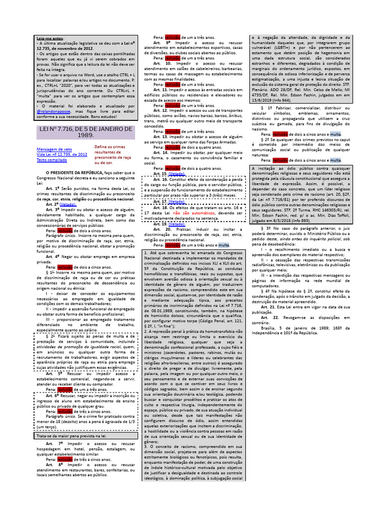 LEI #7.716 (Crimes Resultantes de Preconceito de Raça Ou de Cor) | PDF ...