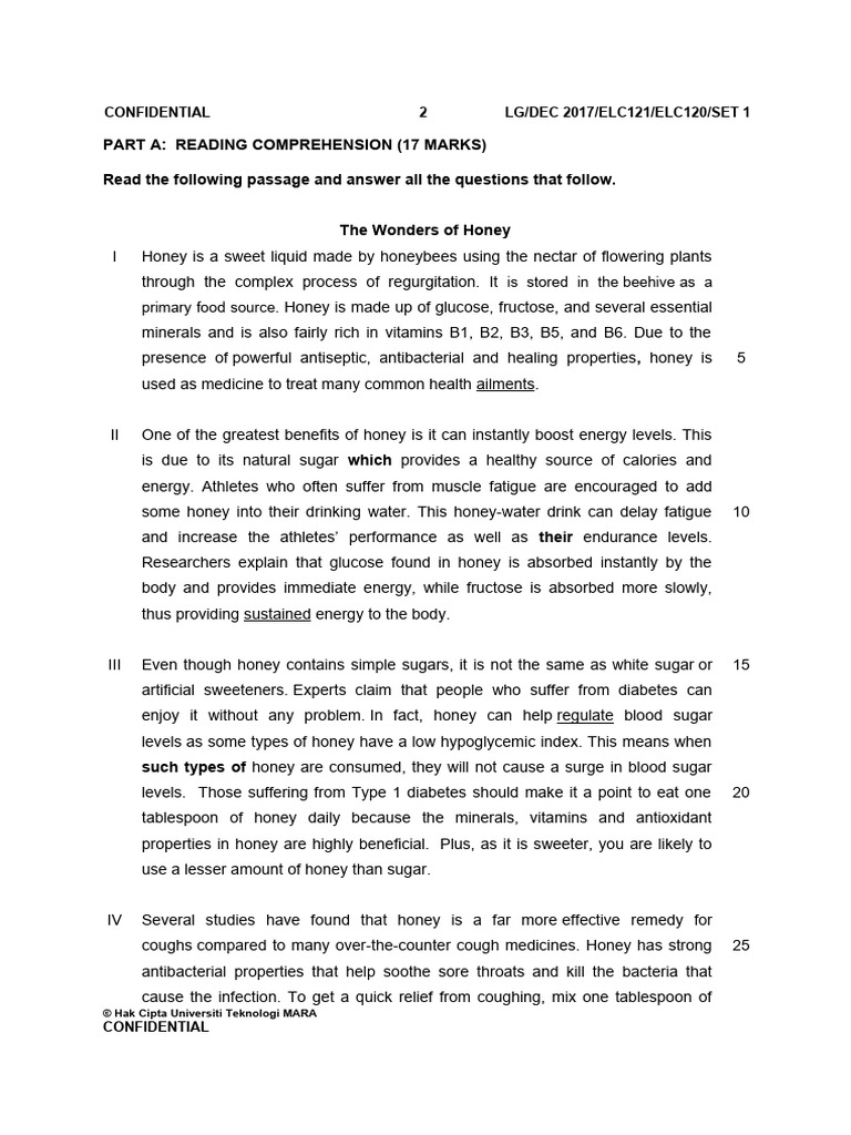 Elc.121.reading Task Question - Dec.2017 Set 1 | PDF | Diabetes | Honey