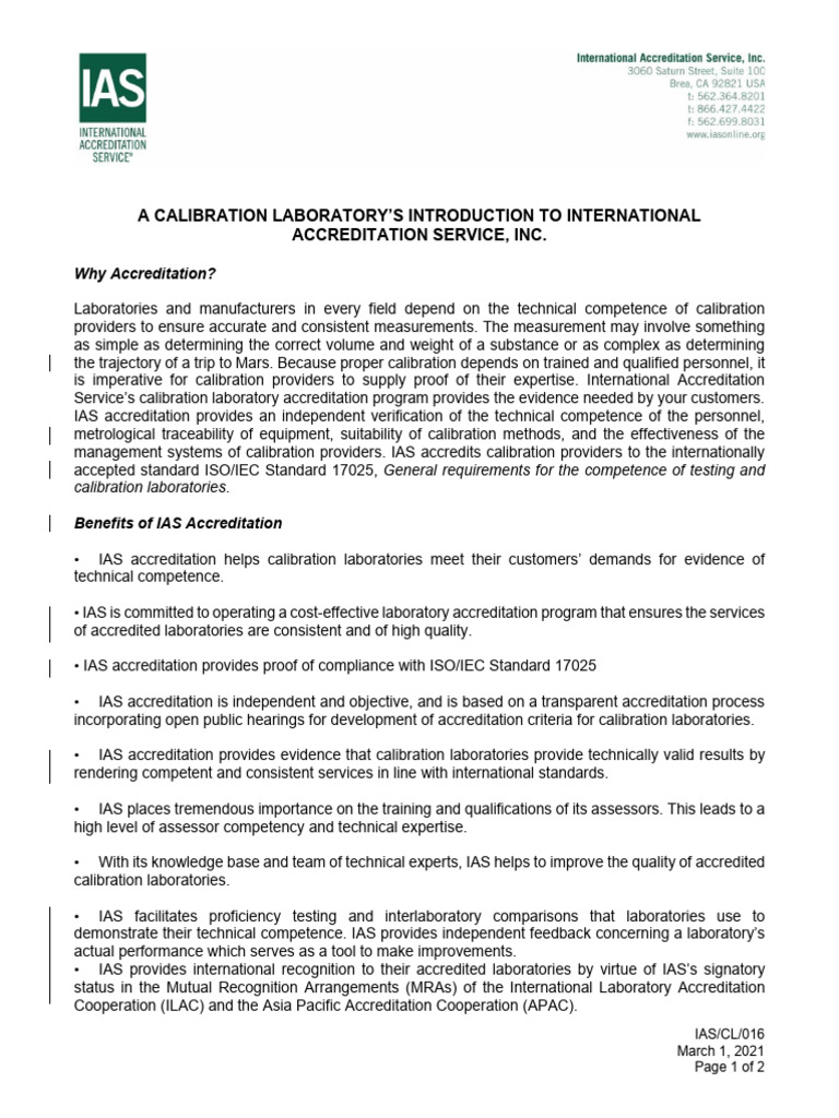 IAS - CL - 016 - IAS Cal Lab Intro - 20210301 | PDF | Calibration ...