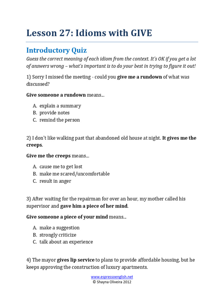 Lesson 27 - Idioms With GIVE | PDF