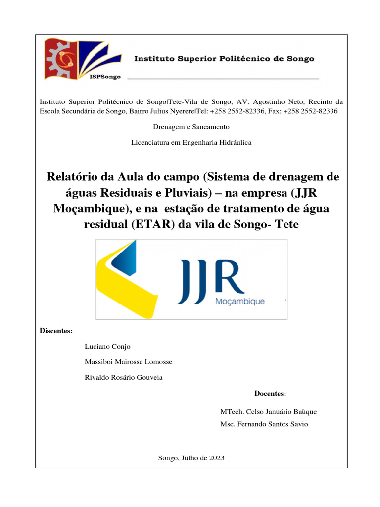 Relatorio JJR e ETAR (Dreangem e Saneamento) Rivaldo RG, Massiboi e Luciano | PDF | Águas ...