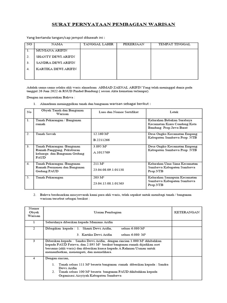 Contoh Surat Warisan | PDF