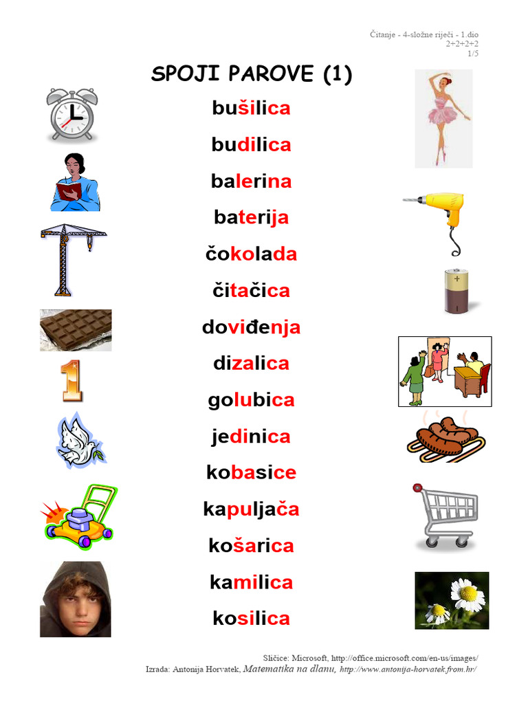 Citanje Cetveroslozne Rijeci 1 Dio BOJA | PDF