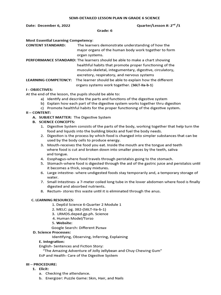 Grade 6 Digestive System Lesson Plan | PDF | Human Digestive System ...