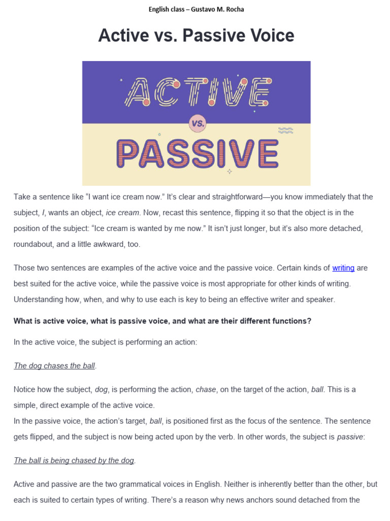 Active Vs Passive Voice | Download Free PDF | Verb | Subject (Grammar)