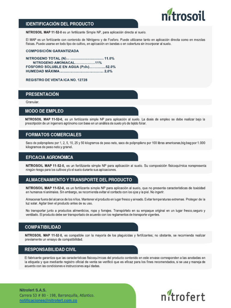 Ficha Tecnica Del Producto NITROSOIL MAP 11-52-0 | PDF