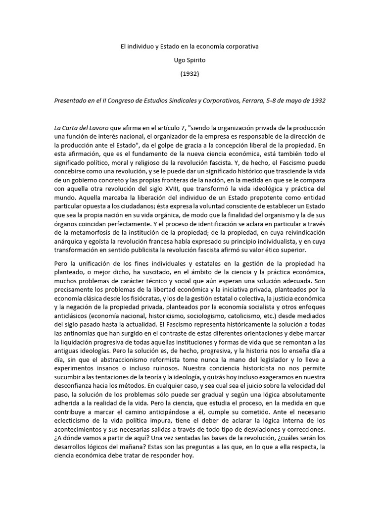 El Individuo Y Estado En La Economía Corporativa Ugo Spirito Pdf Corporativismo Historia