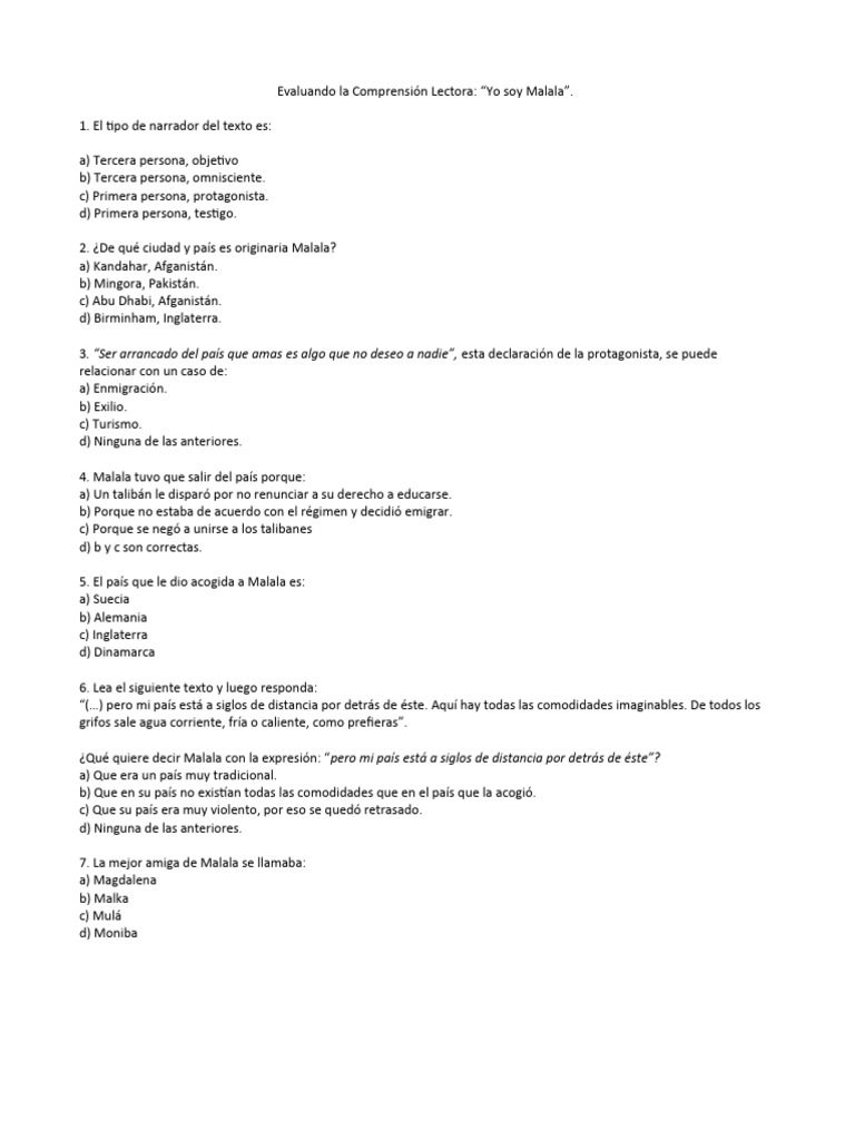 Evaluando La Comprension Lectora Yo Soy | PDF | Malala Yousafzai ...
