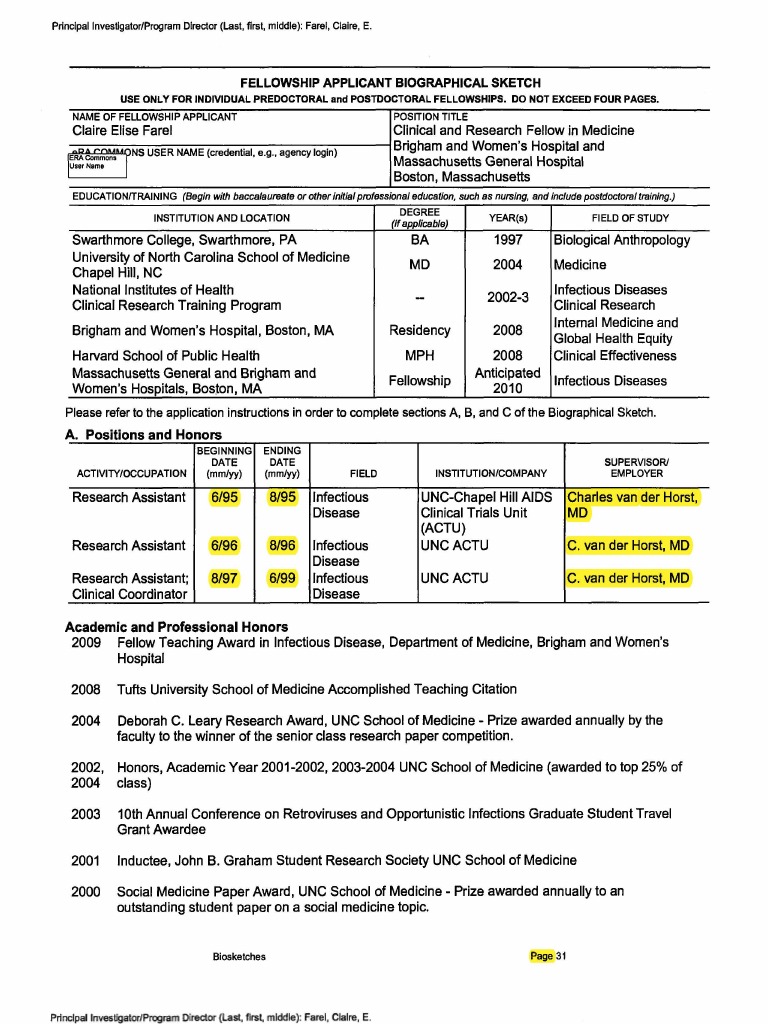 Claire Farel Fellowship Biosketch | PDF | Advanced Placement ...