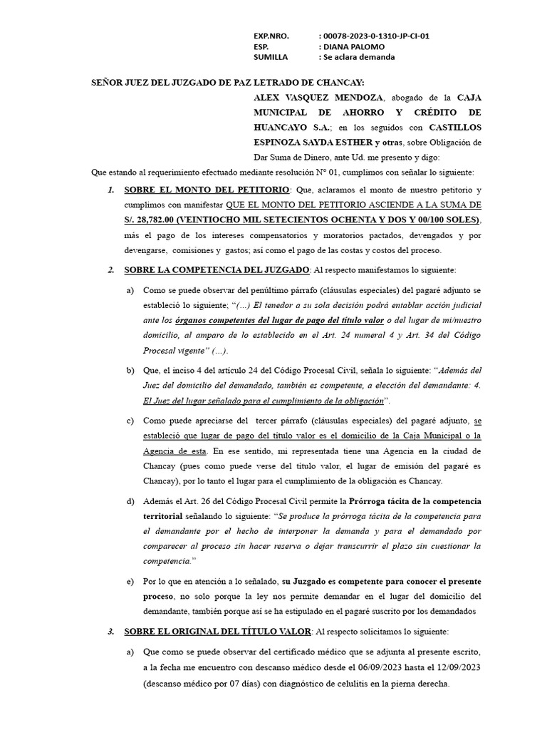 MONTO DEL PETITORIO, PRÓRROGA DE LA COMPETENCIA Y OTROS | PDF | Demanda ...