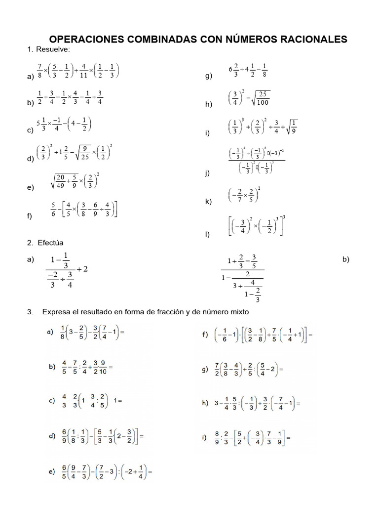 OPERACIONES COMBINADAS CON NÚMEROS RACIONALES | PDF