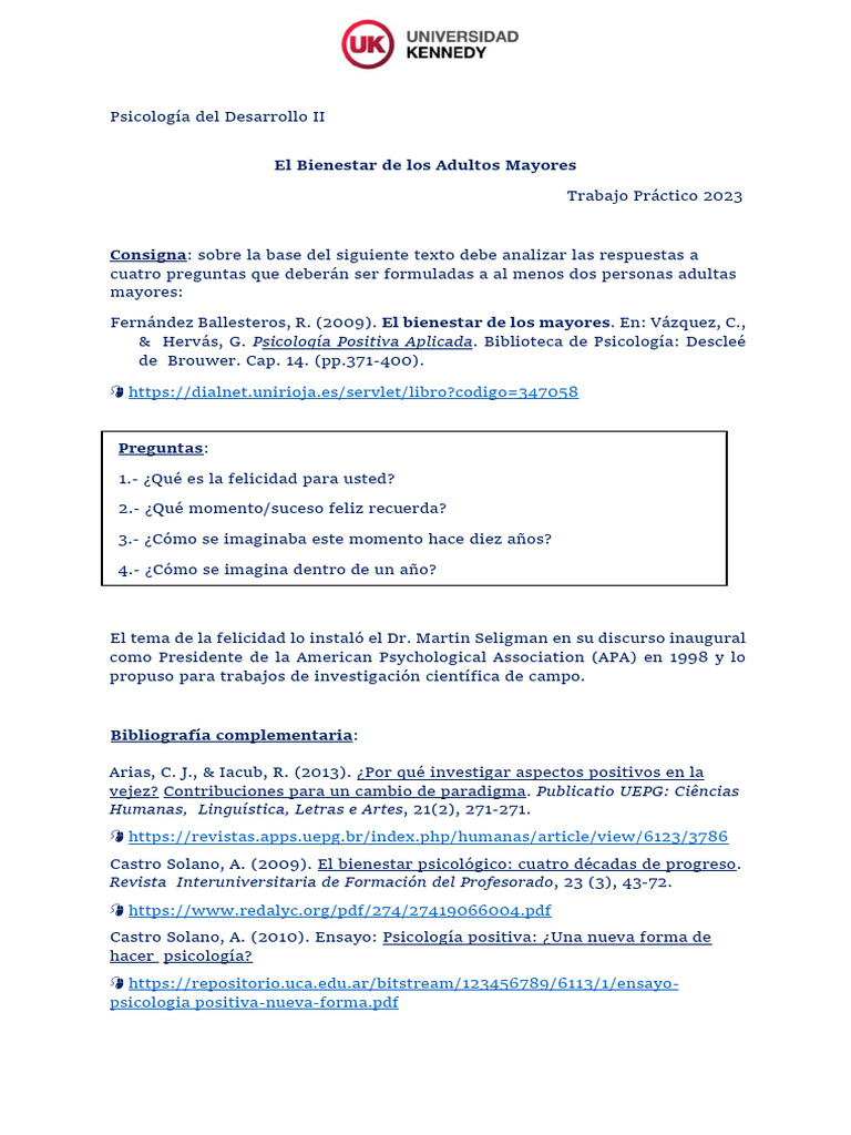 3.-) Psicología Del Desarrollo II - El Bienestar de Los Adultos Mayores - TP 2023 | PDF ...
