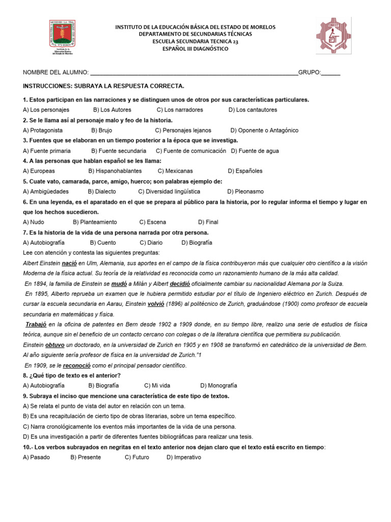 Examen Diagnostico Tercero Secundaria | PDF