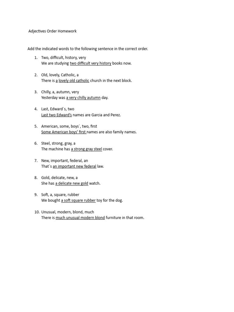 Adjectives Order Homework | PDF